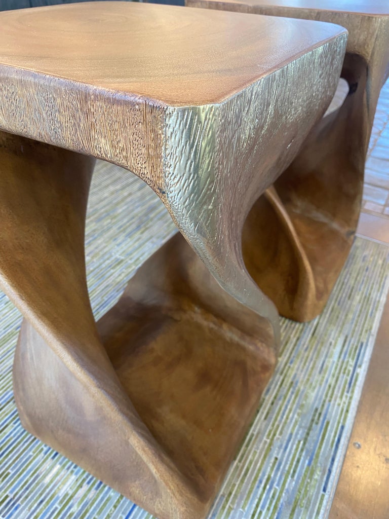 Pair of Curved Gold / Wood Side Tables For Sale at 1stDibs