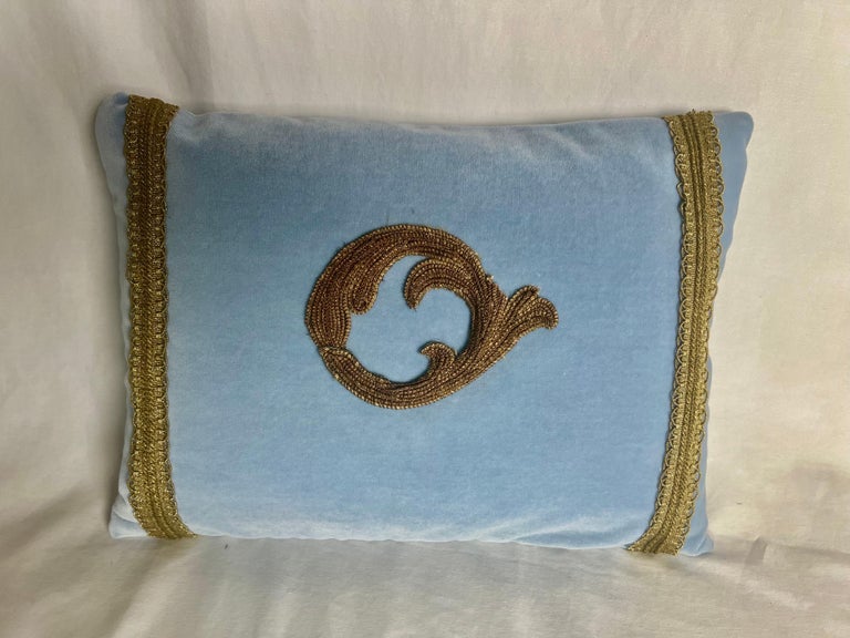 Pair of Custom Appliqué Blue and Gold Pillows by MLA For Sale at 1stDibs