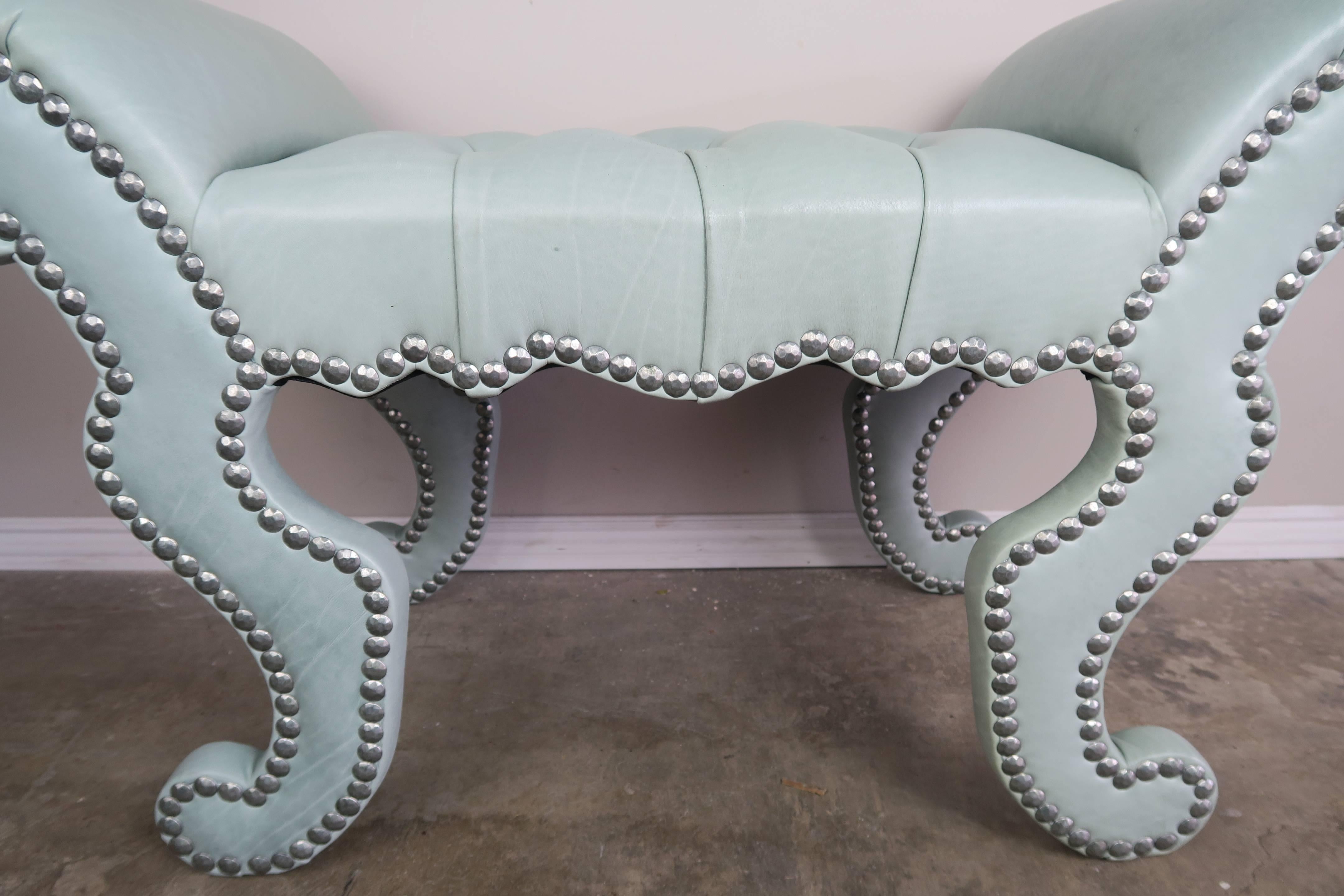Pair of Custom Aqua Tufted Benches with Silver Nails by Melissa ...