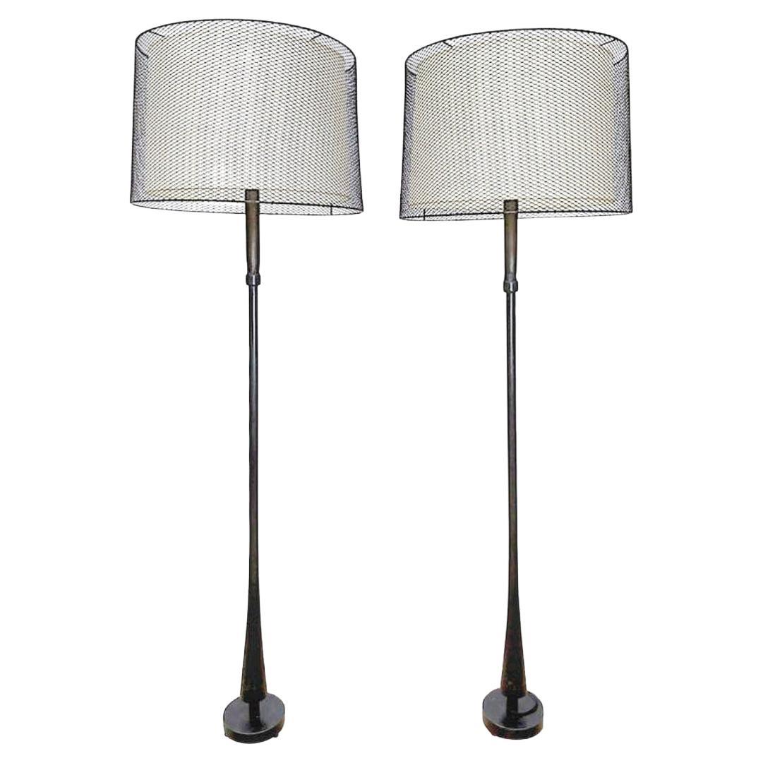 Pair of Floor Lamps In Iron and Wood For Sale at 1stDibs