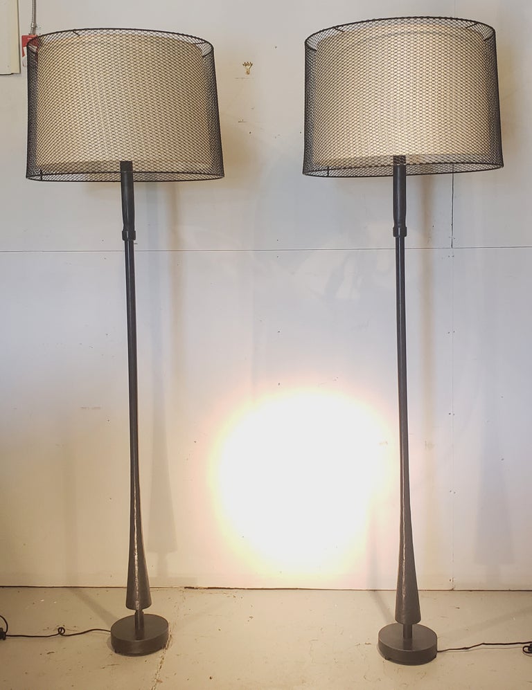 Pair Of Custom Floor Lamps in Iron Bronze and Wood For Sale at 1stDibs