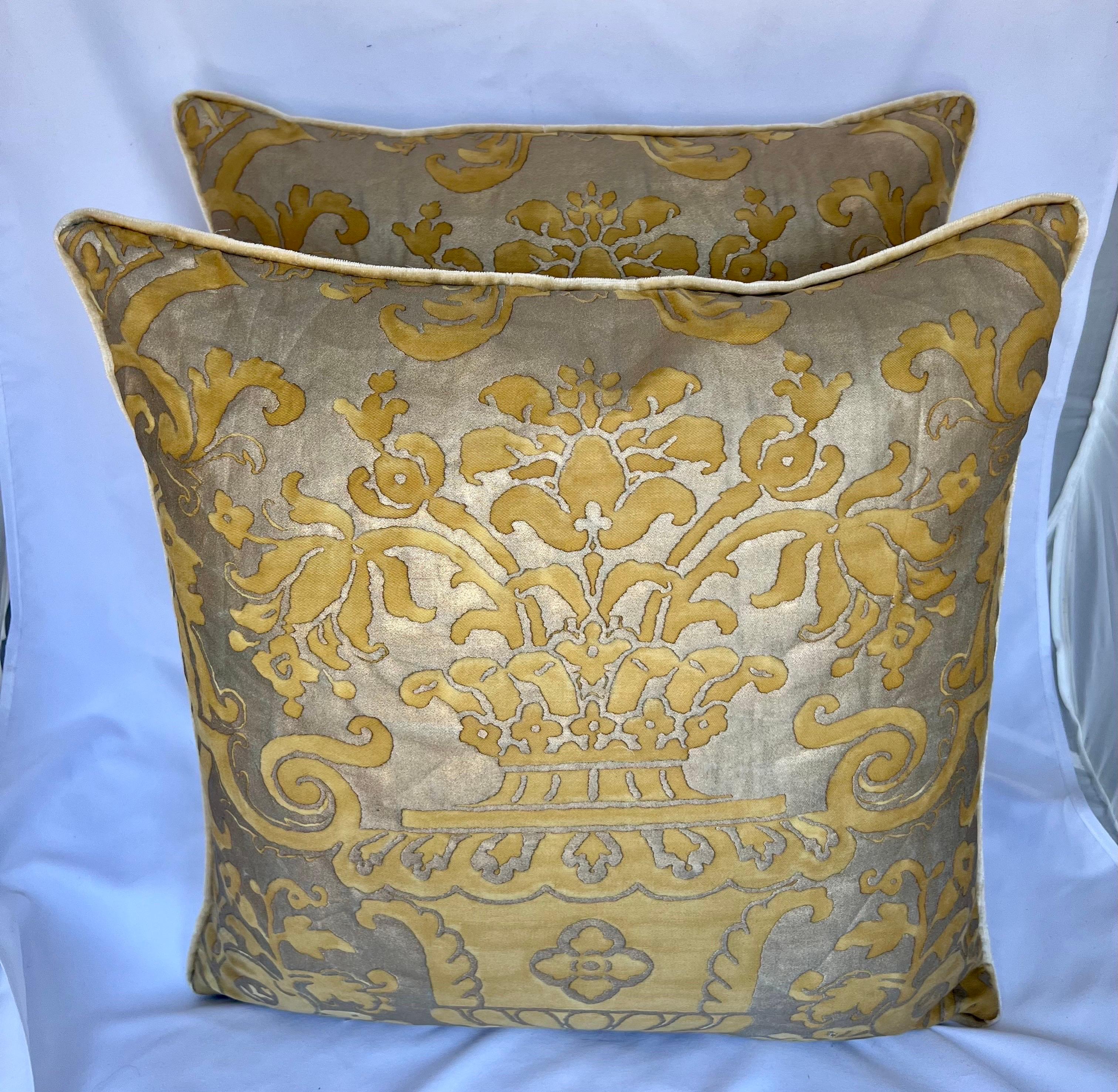 Pair of Custom Golden Campanille Patterned Fortuny Textile Pillows For Sale at 1stDibs