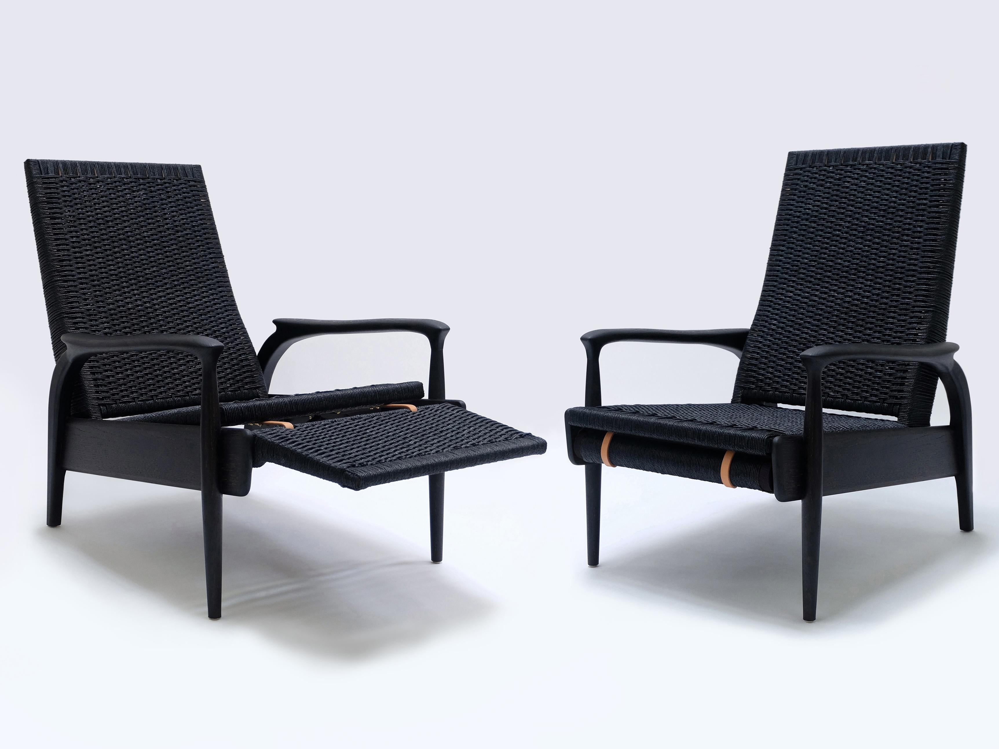 Pair of Custom-Made Reclining Lounge Chairs in Blackened Oak& Black ...