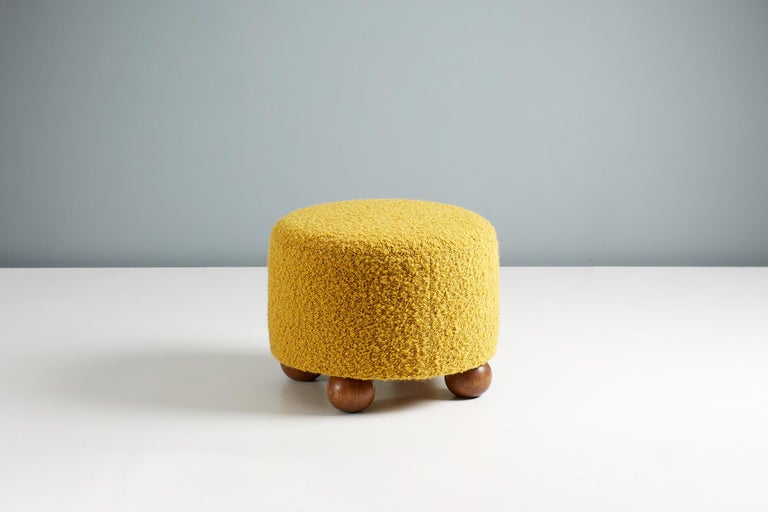 Pair of Custom Made Round Boucle Ottomans with Oak Ball Feet For Sale ...