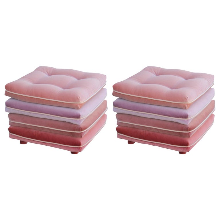 Pair of Custom Pink Ombre / Gradient Stacked Cushion Stools on Brass ...