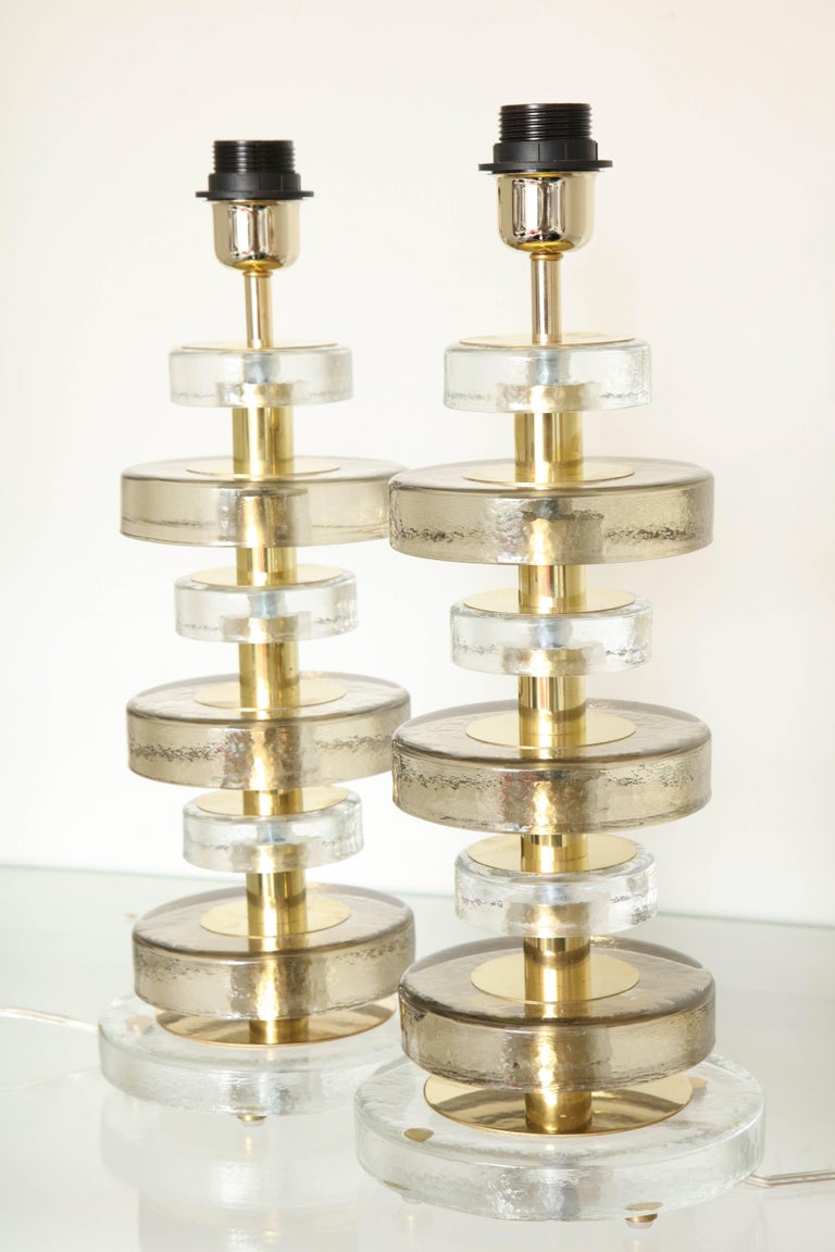 Pair of Custom Smoke and Clear Murano Glass Disc Lamps For Sale at 1stDibs