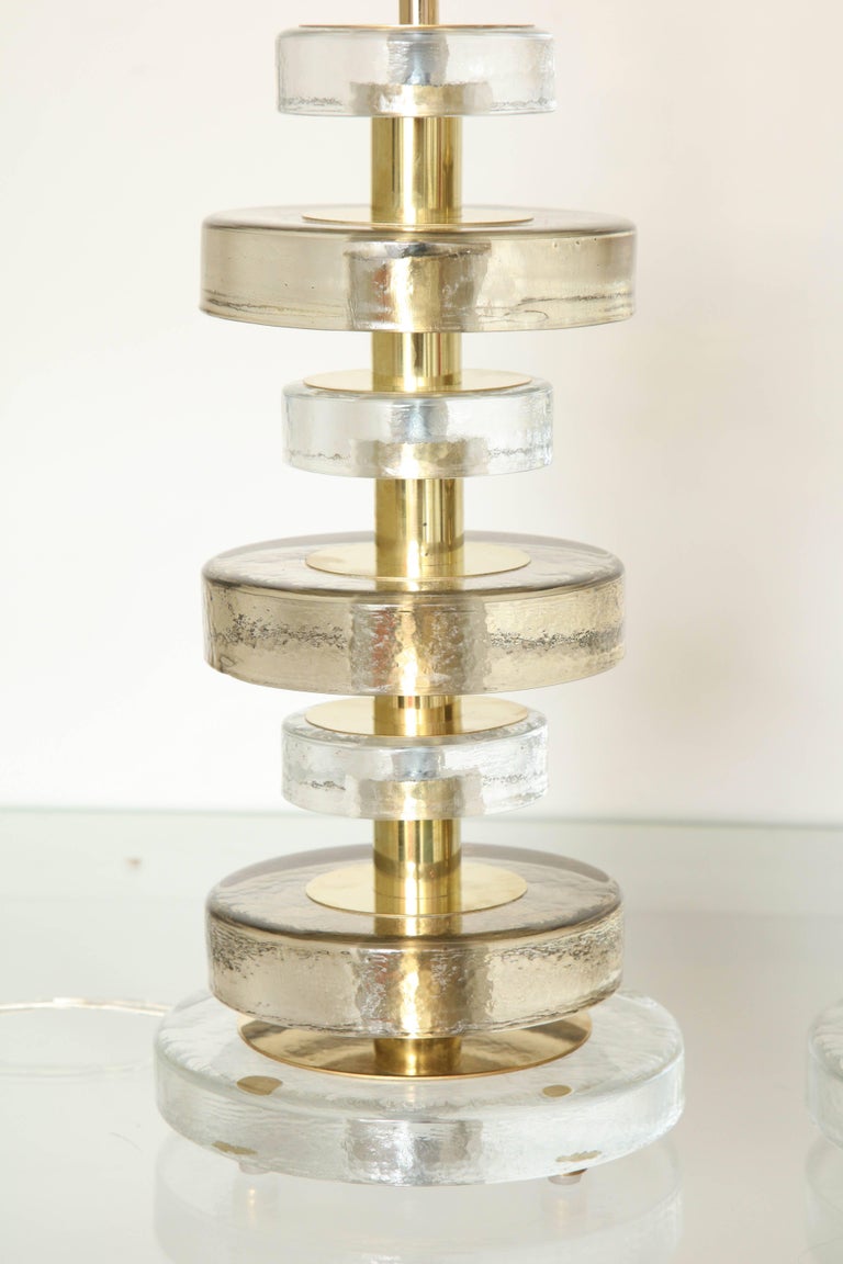 Pair of Custom Smoke and Clear Murano Glass Disc Lamps For Sale at 1stDibs