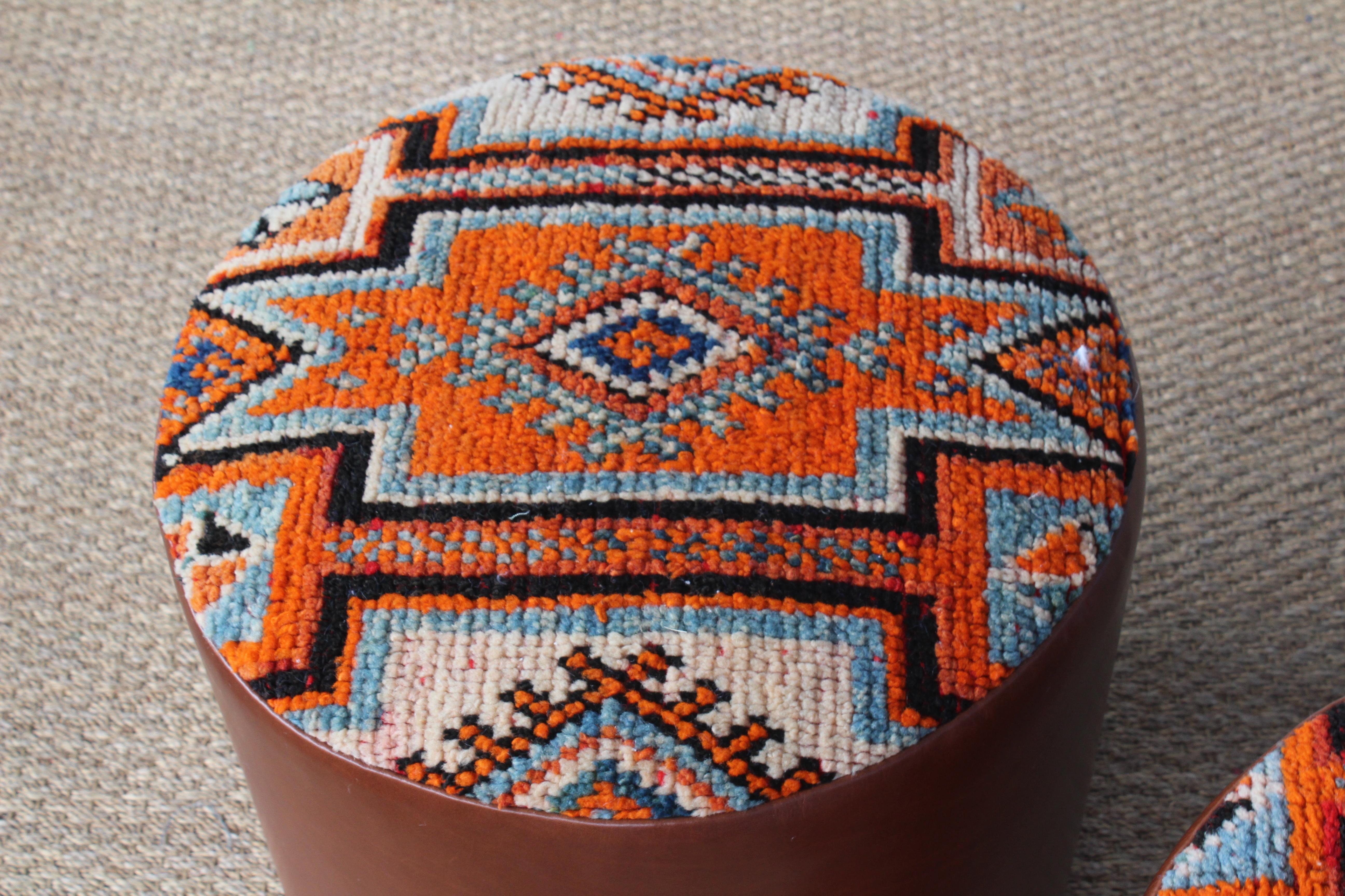 Pair of Custom Stools in Leather with Moroccan Rug Upholstery at 1stDibs