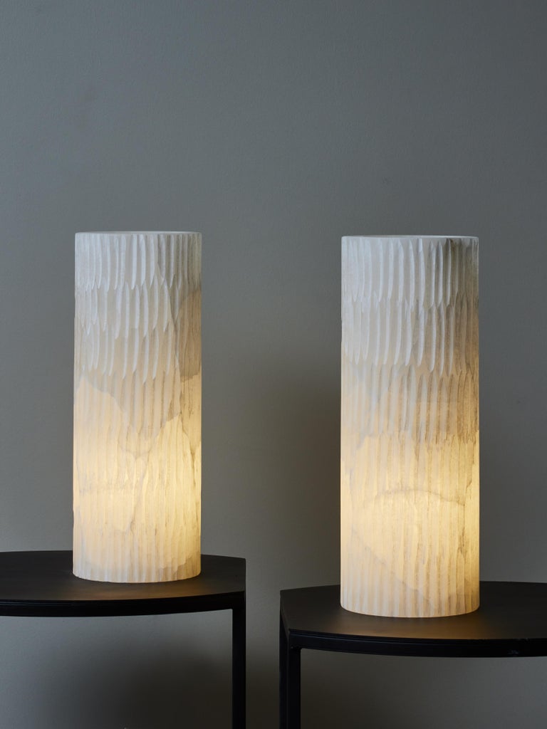 Pair of Cylindrical Alabaster Table Lamps For Sale at 1stDibs