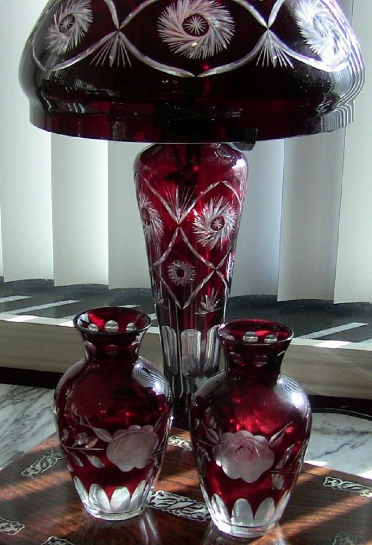 Pair of Czech Bohemian Ruby Glass Cut to Clear Vases at 1stDibs