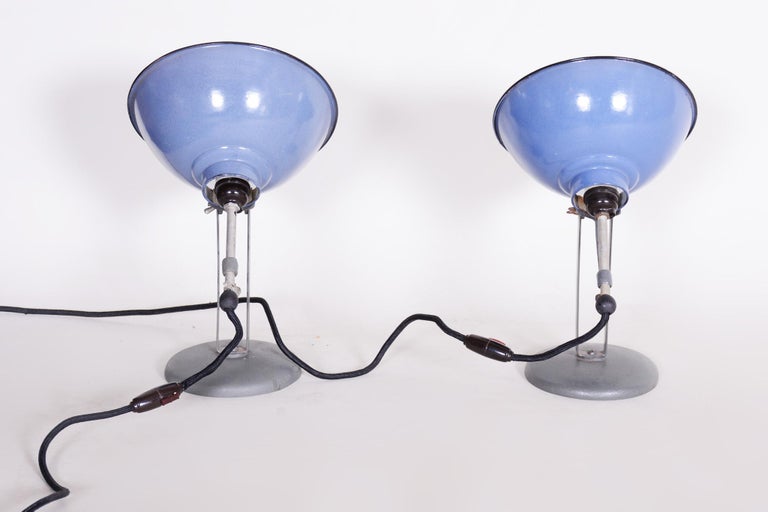 Pair of Czech Enameled Steel Blue Bauhaus Lamps, Restored and ...
