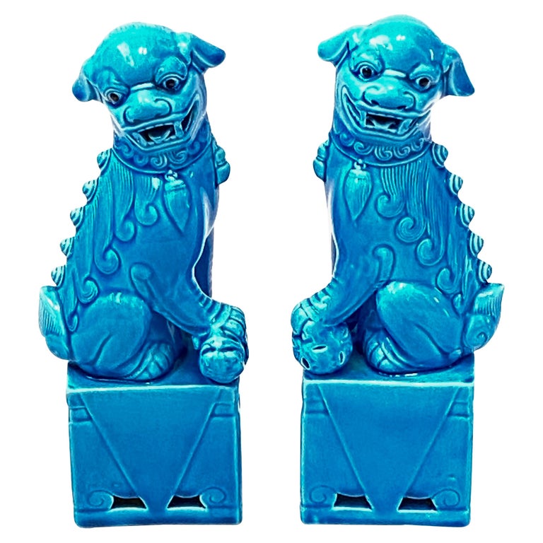 Pair of Decorative Chinese Turquoise Blue Medium Foo Dogs Sculptures ...