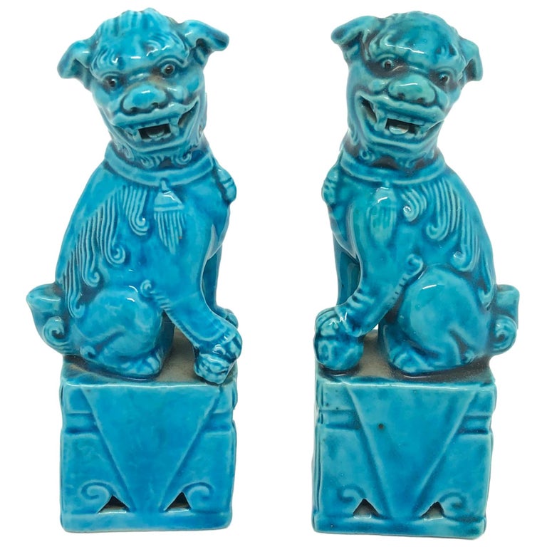 Pair of Decorative Chinese Turquoise Blue Mini Foo Dogs Sculptures at ...