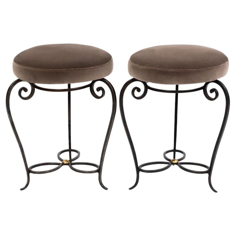Pair of Decorative Forged Iron Art Deco Stools Taupe Colored Velvet ...