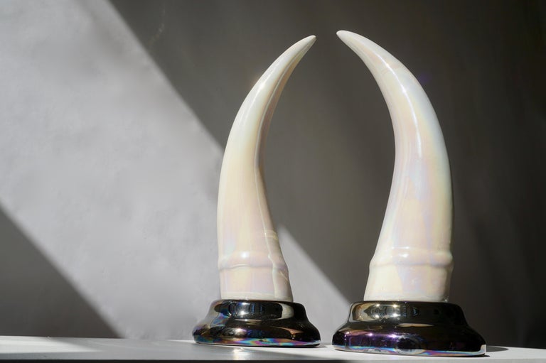 Pair of Decorative Iridescent Ceramic 'Elephant Tusk' Horn For Sale at ...