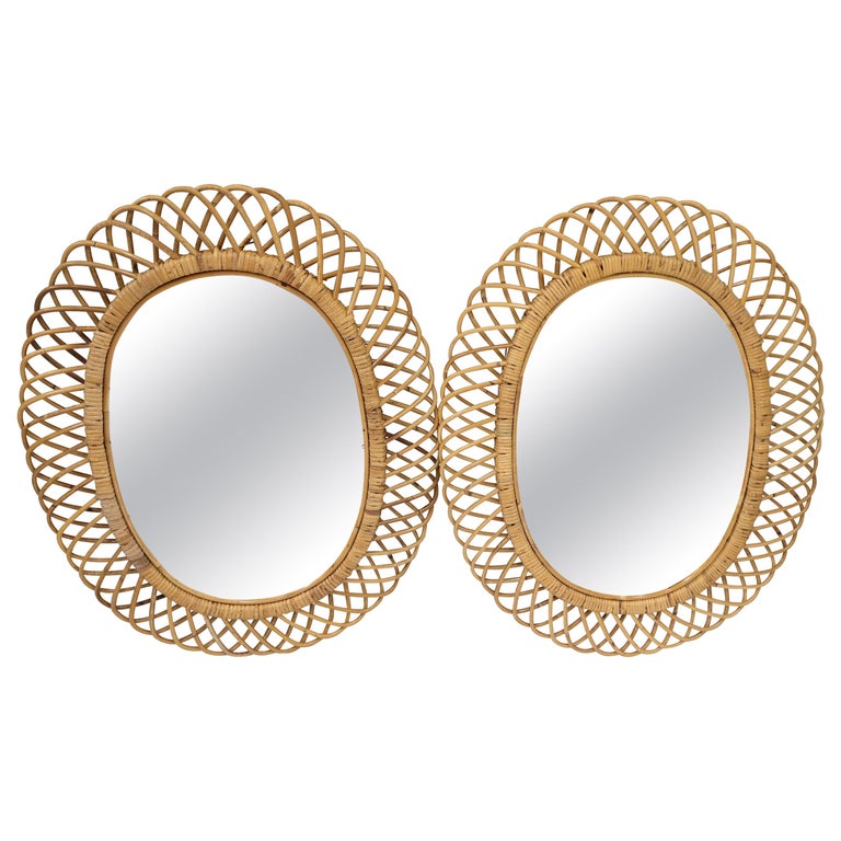 Pair of Decorative Oval Rattan Frames Mirrors at 1stDibs