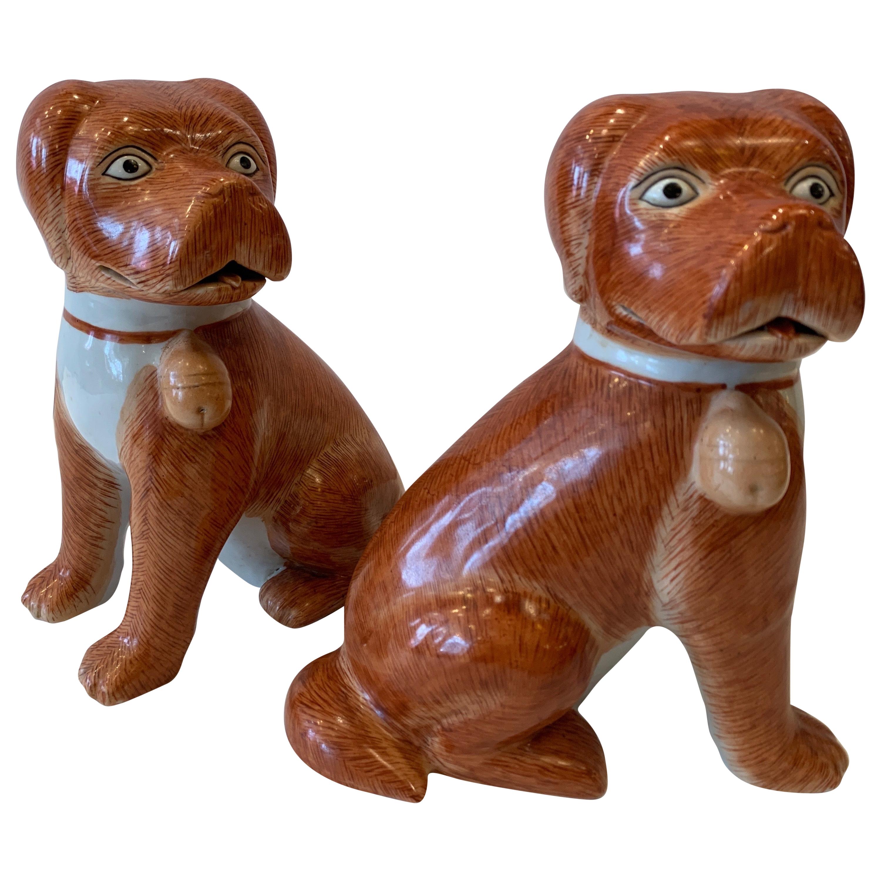 Pair of Decorator Hand Painted Chinese Porcelain Dogs at 1stDibs