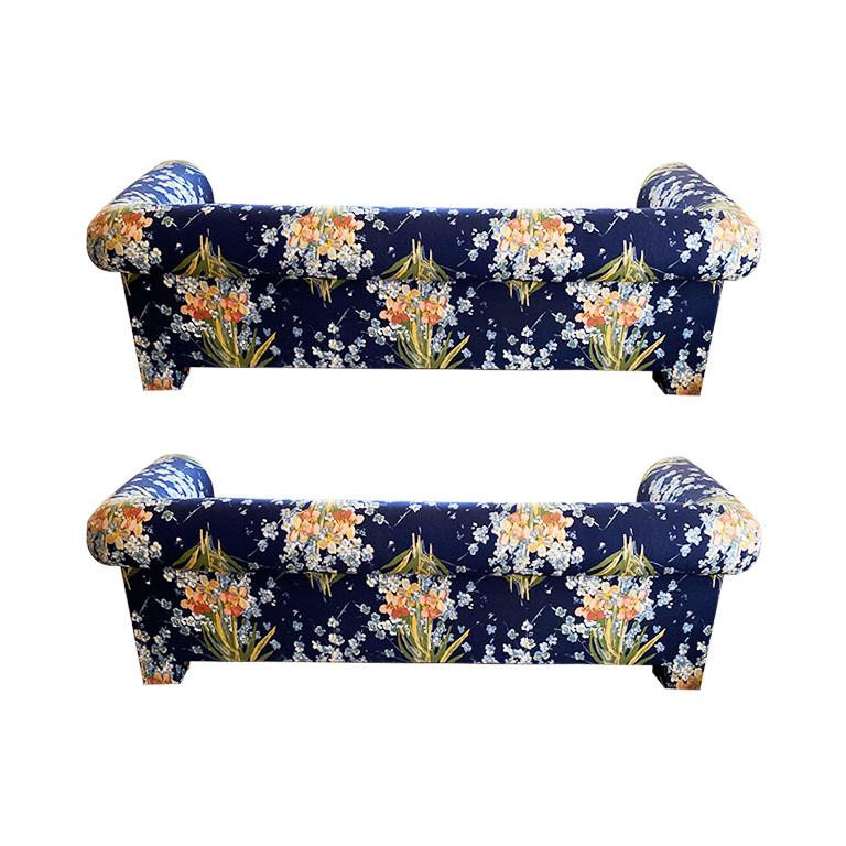 Pair of Deep Blue Floral Henredon Floral Sofas with Bench Seats at 1stDibs