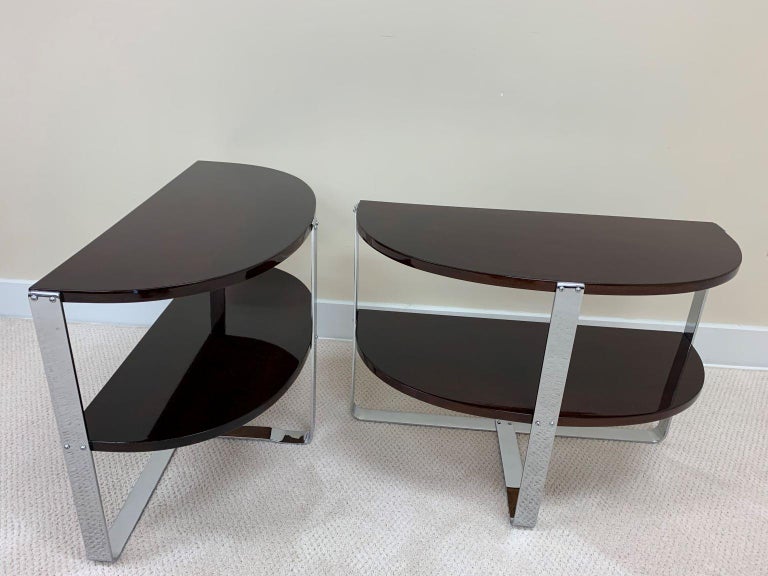 Pair of Demilune Chrome and Art Deco Side Tables in the Style of Donald ...