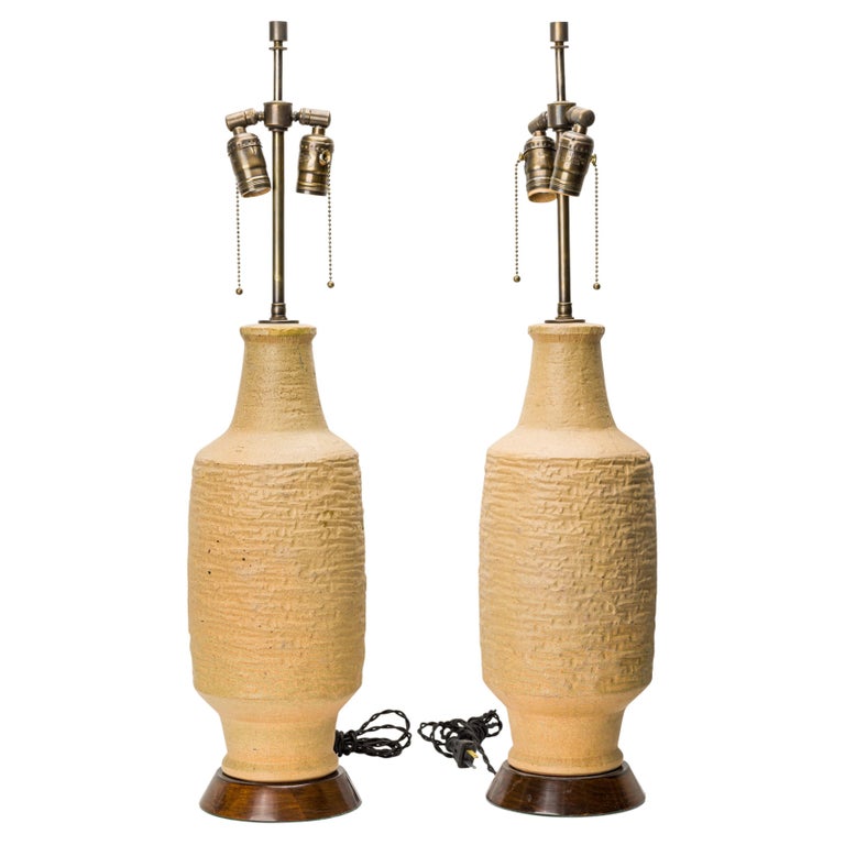 Pair of Design Technics Mid-Century Textured Beige Ceramic Table Lamps ...