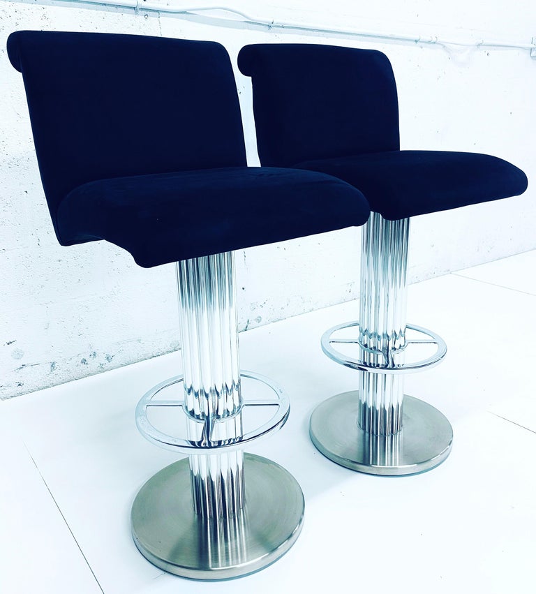 Pair of Designs for Leisure Blue Ultra-Suede Bar Stools at 1stDibs