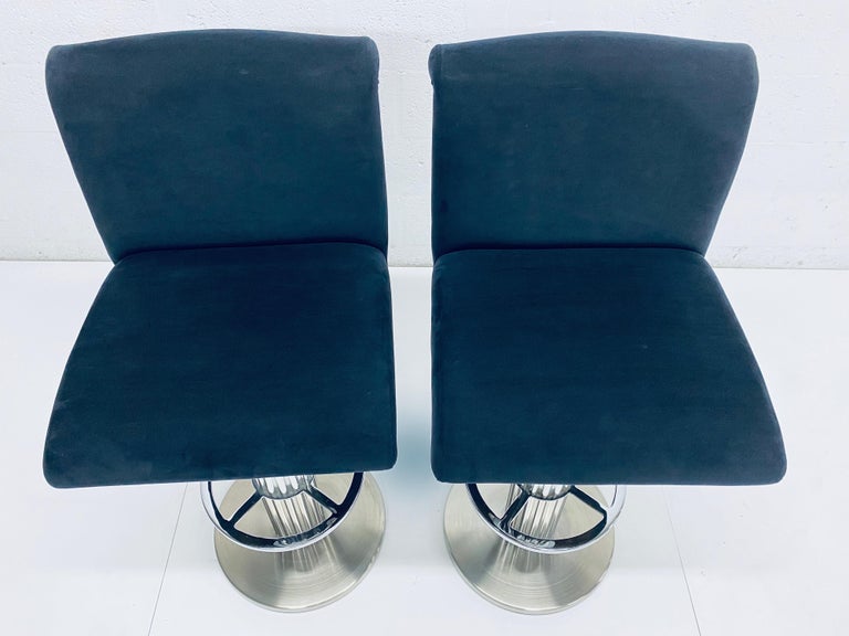 Pair of Designs for Leisure Blue Ultra-Suede Bar Stools at 1stDibs