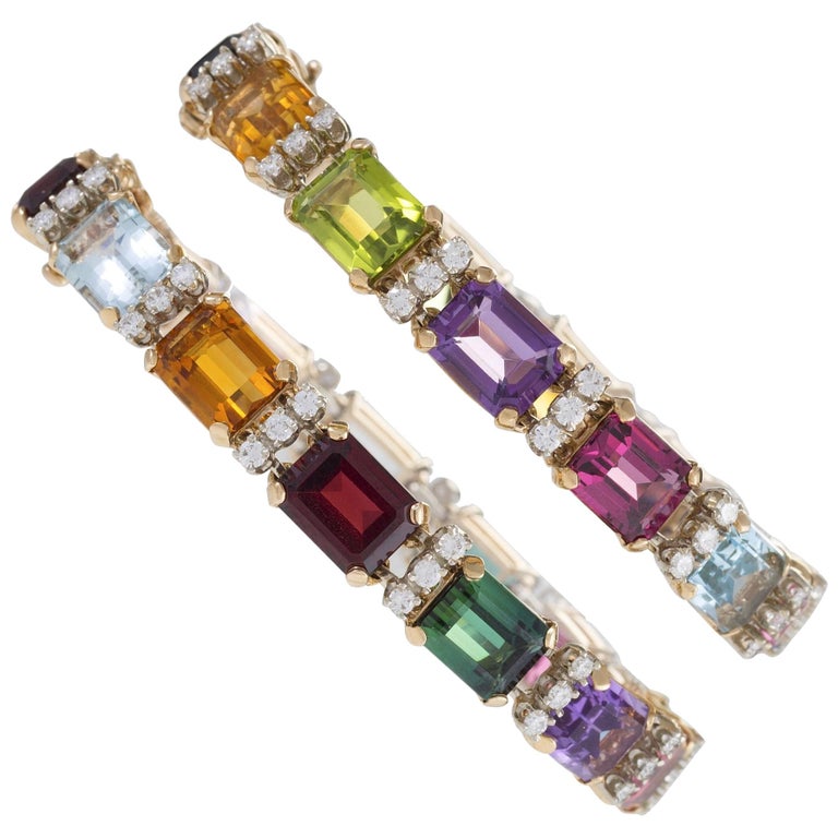 Pair of Diamond and Multi-Colored Gemstone Bracelets at 1stDibs