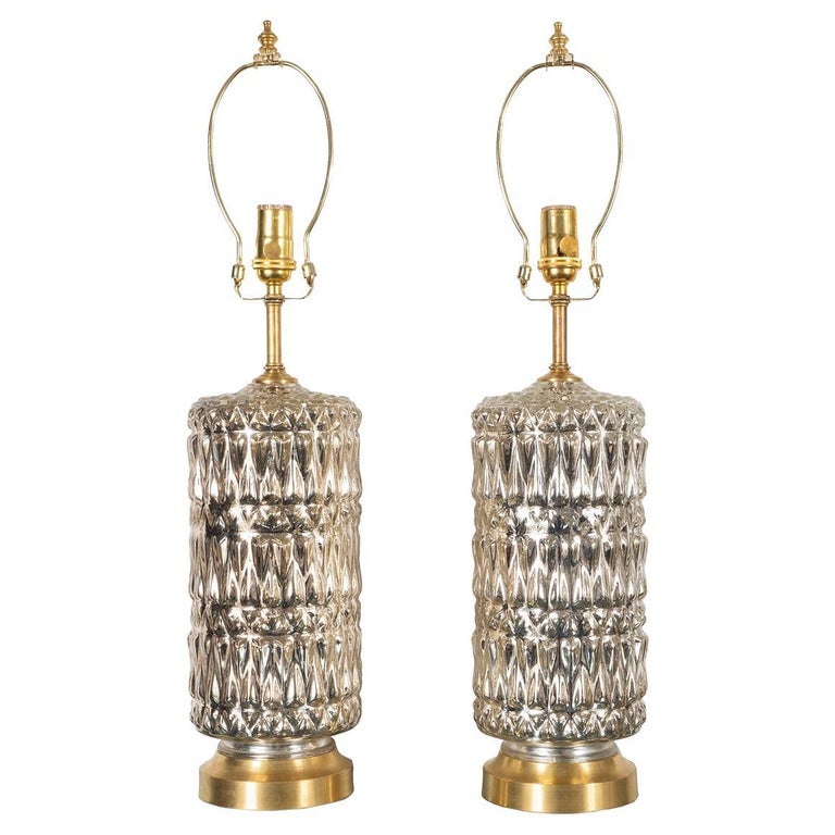 Pair of Diamond Patterned Mercury Glass Lamps For Sale at 1stDibs