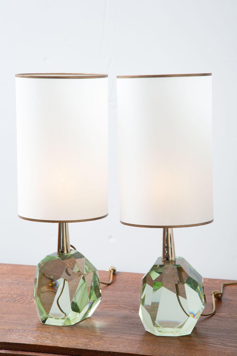 Pair of Diamond Translucent Green Glass Table Lamps, in Stock at 1stDibs
