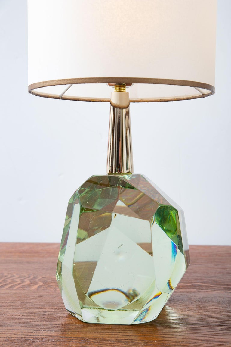 Pair of Diamond Translucent Green Glass Table Lamps, in Stock at 1stDibs