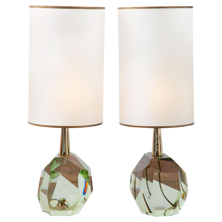 Pair of Diamond Translucent Green Glass Table Lamps, in Stock at 1stDibs