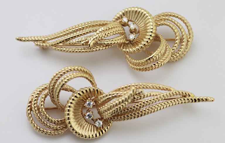 Pair of Diamond, Yellow Gold Double Brooches For Sale at 1stDibs