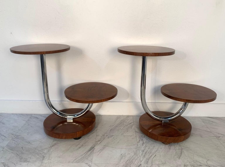 Pair of Donald Deskey Art Deco Walnut and Chrome Side Tables For Sale ...