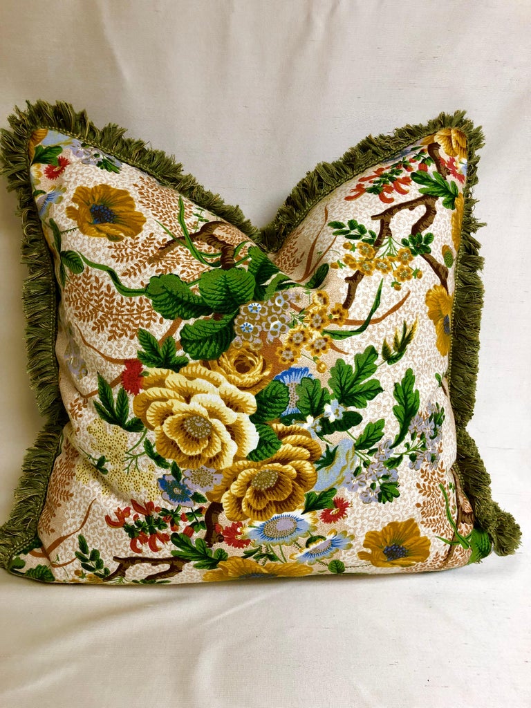 Pair of Downfilled Floral Cushions with Brush Fringe at 1stDibs