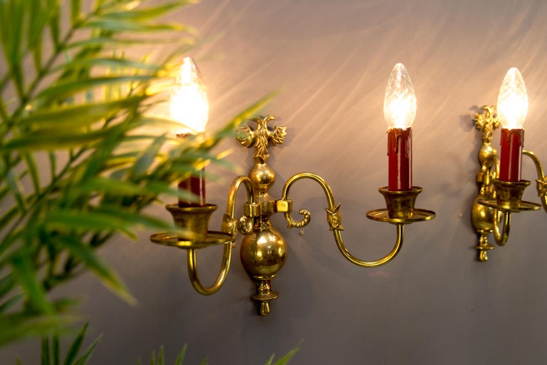 Pair of Dutch Two-Light Brass Sconces For Sale at 1stDibs