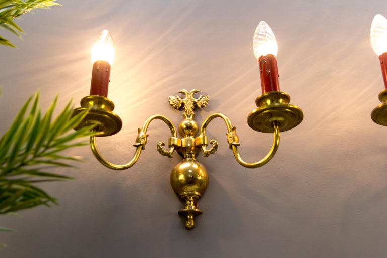 Pair of Dutch Two-Light Brass Sconces For Sale at 1stDibs
