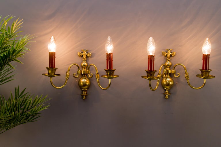 Pair of Dutch Two-Light Brass Sconces For Sale at 1stDibs