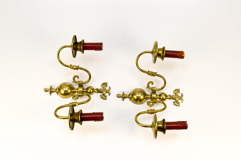 Pair of Dutch Two-Light Brass Sconces For Sale at 1stDibs
