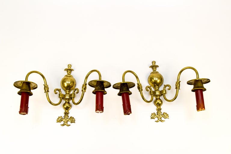 Pair of Dutch Two-Light Brass Sconces For Sale at 1stDibs