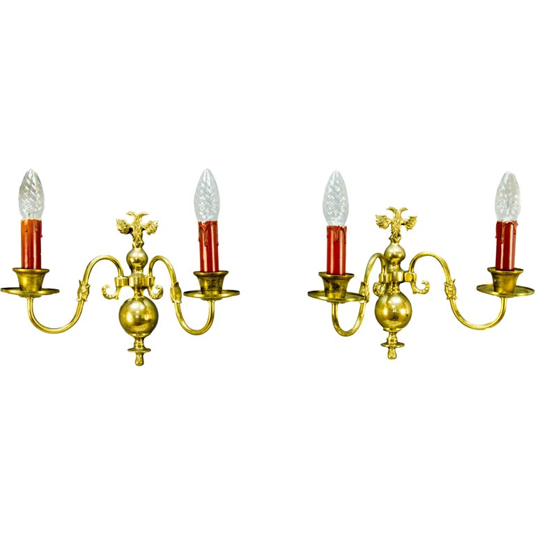 Pair of Dutch Two-Light Brass Sconces For Sale at 1stDibs