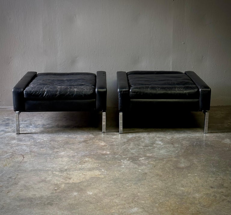 Pair of Dutch Midcentury Leather and Chrome Ottomans For Sale at 1stDibs