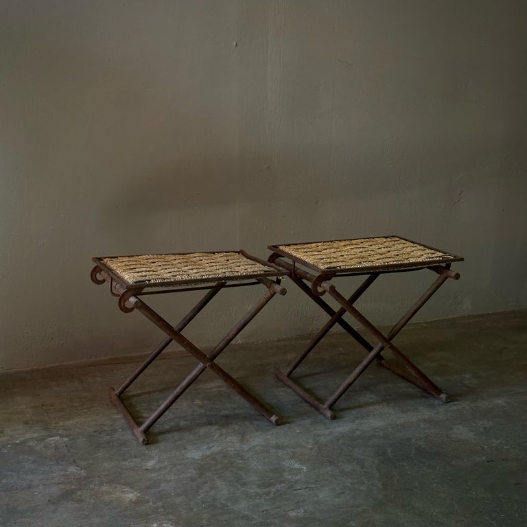 Pair of Dutch Mid-Century Metal and Wicker Folding Stools For Sale at ...