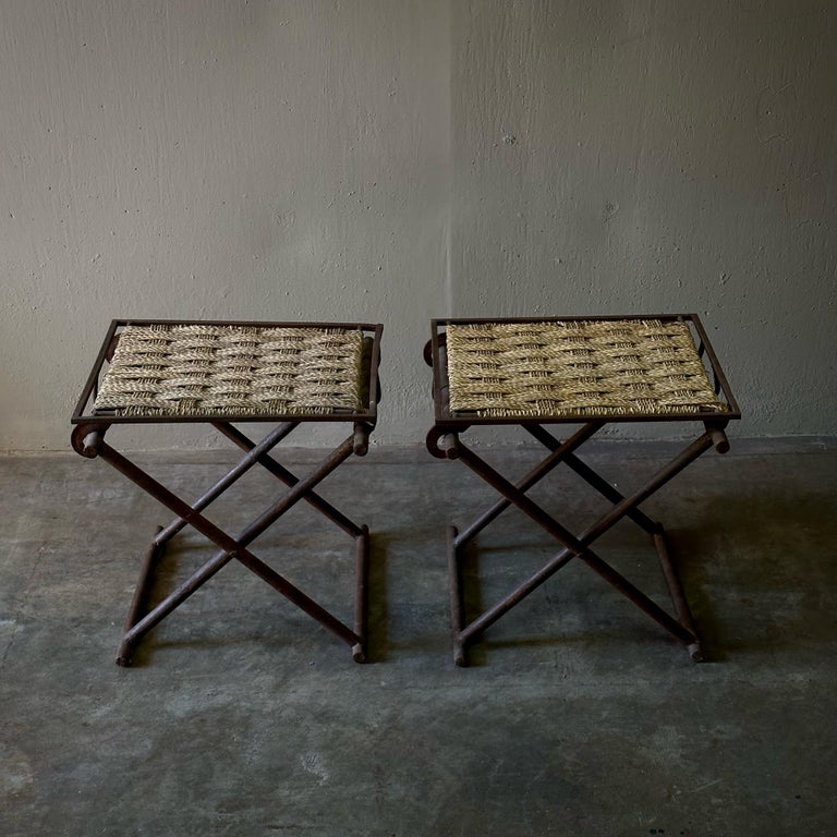 Pair of Dutch Mid-Century Metal and Wicker Folding Stools For Sale at ...