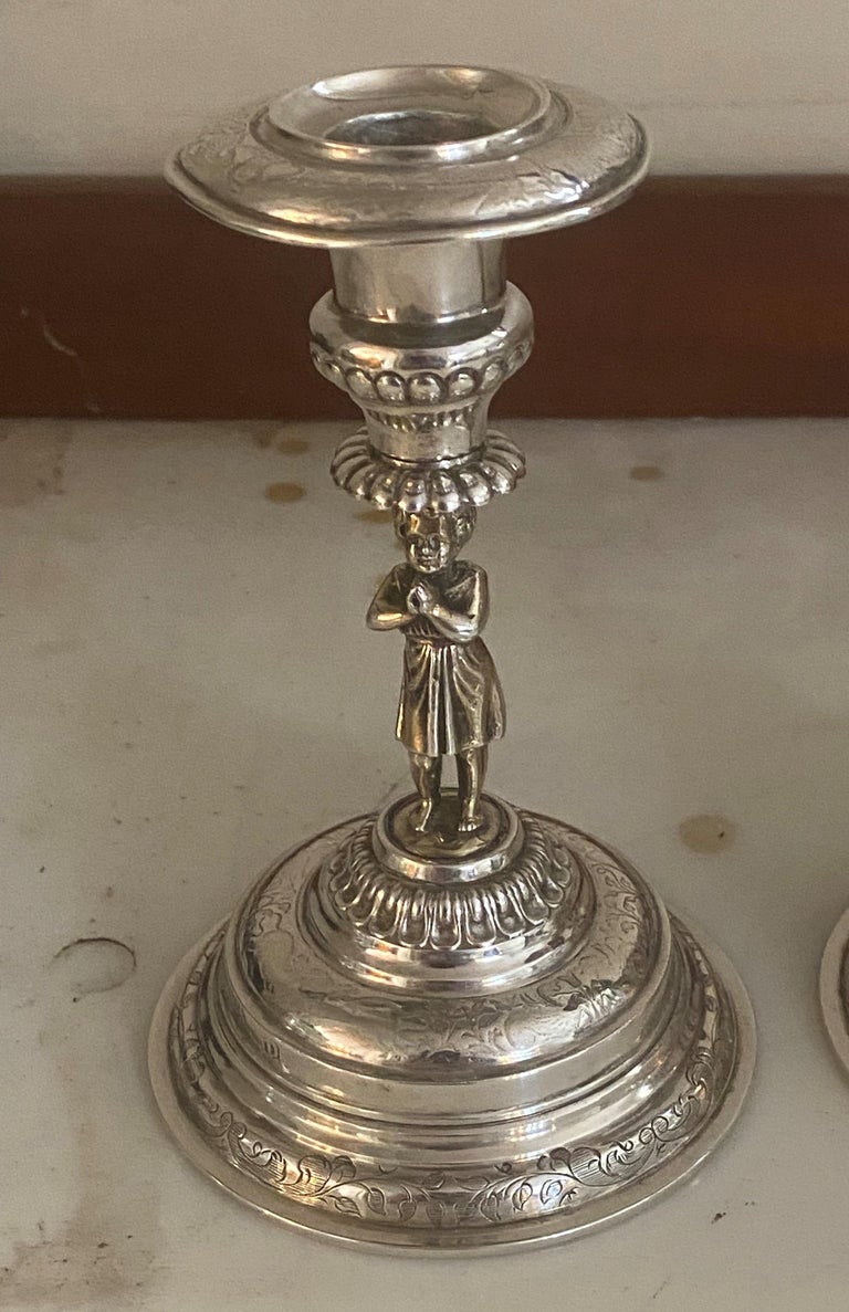 Pair of Dutch Silver Figural Candlesticks, 19th Century For Sale at 1stDibs