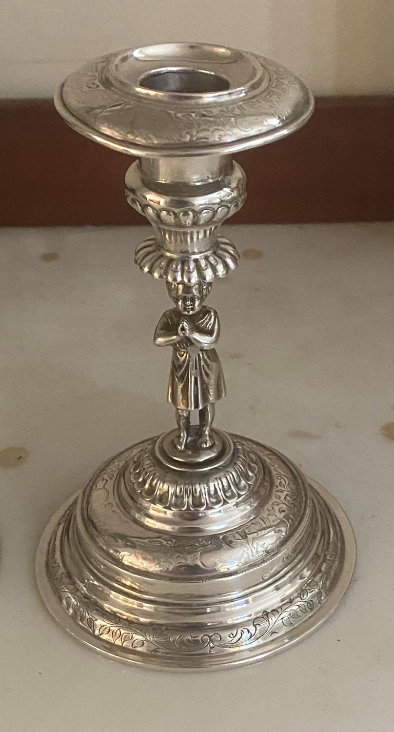 Pair of Dutch Silver Figural Candlesticks, 19th Century For Sale at 1stDibs