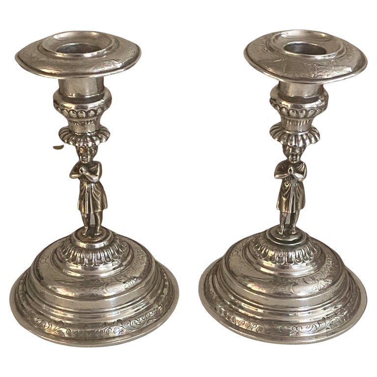 Pair of Dutch Silver Figural Candlesticks, 19th Century For Sale at 1stDibs