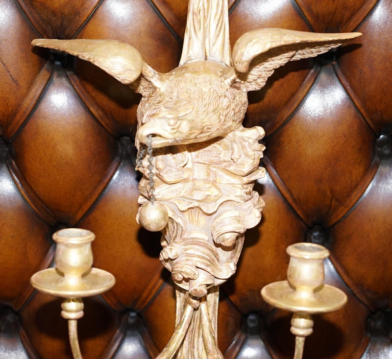 Pair of Eagle Carved Regency Empire Giltwood Twin Light Wall Appliques ...