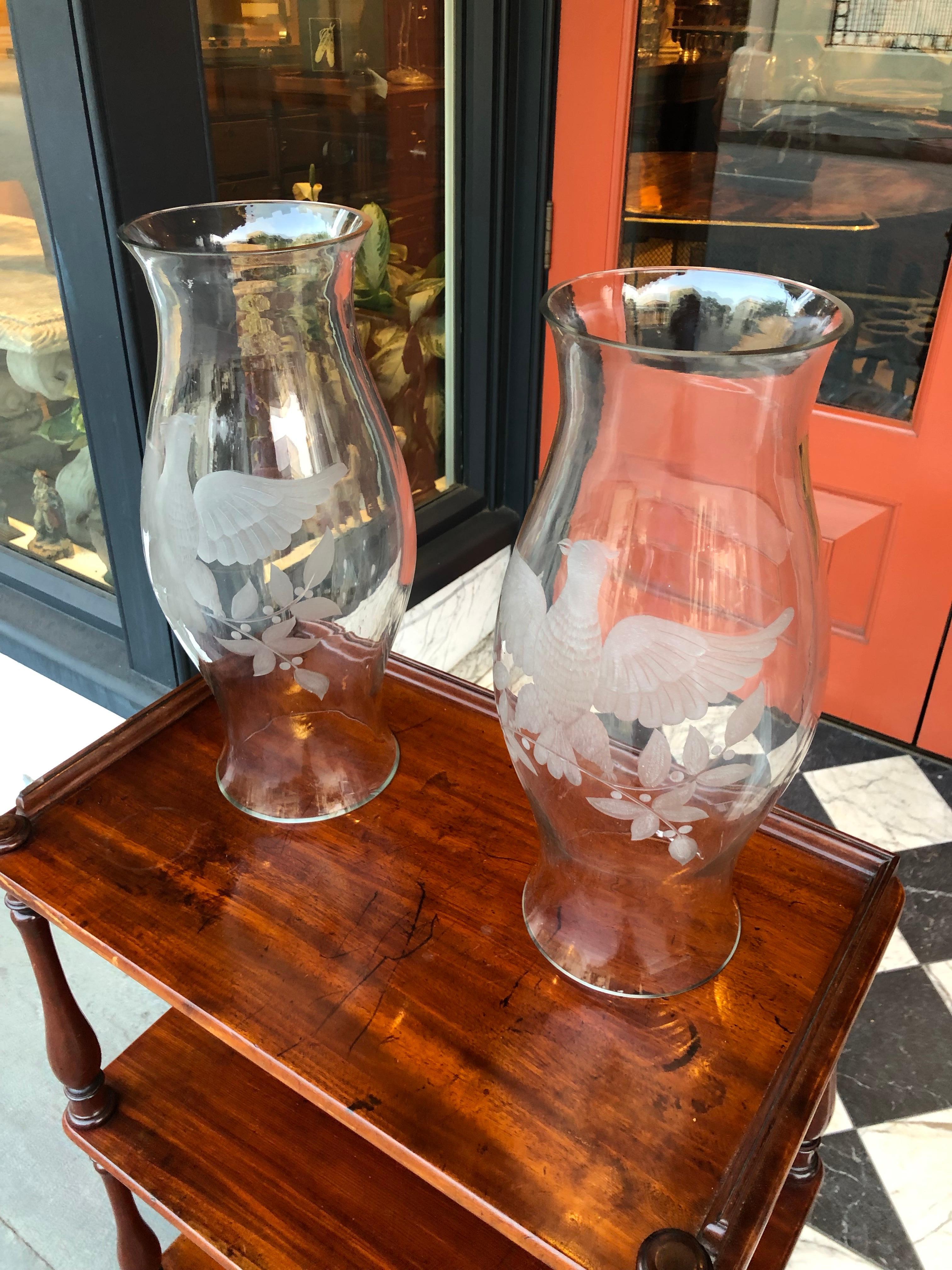 Pair of Eagle Motif Etched Glass Hurricane Shades at 1stDibs