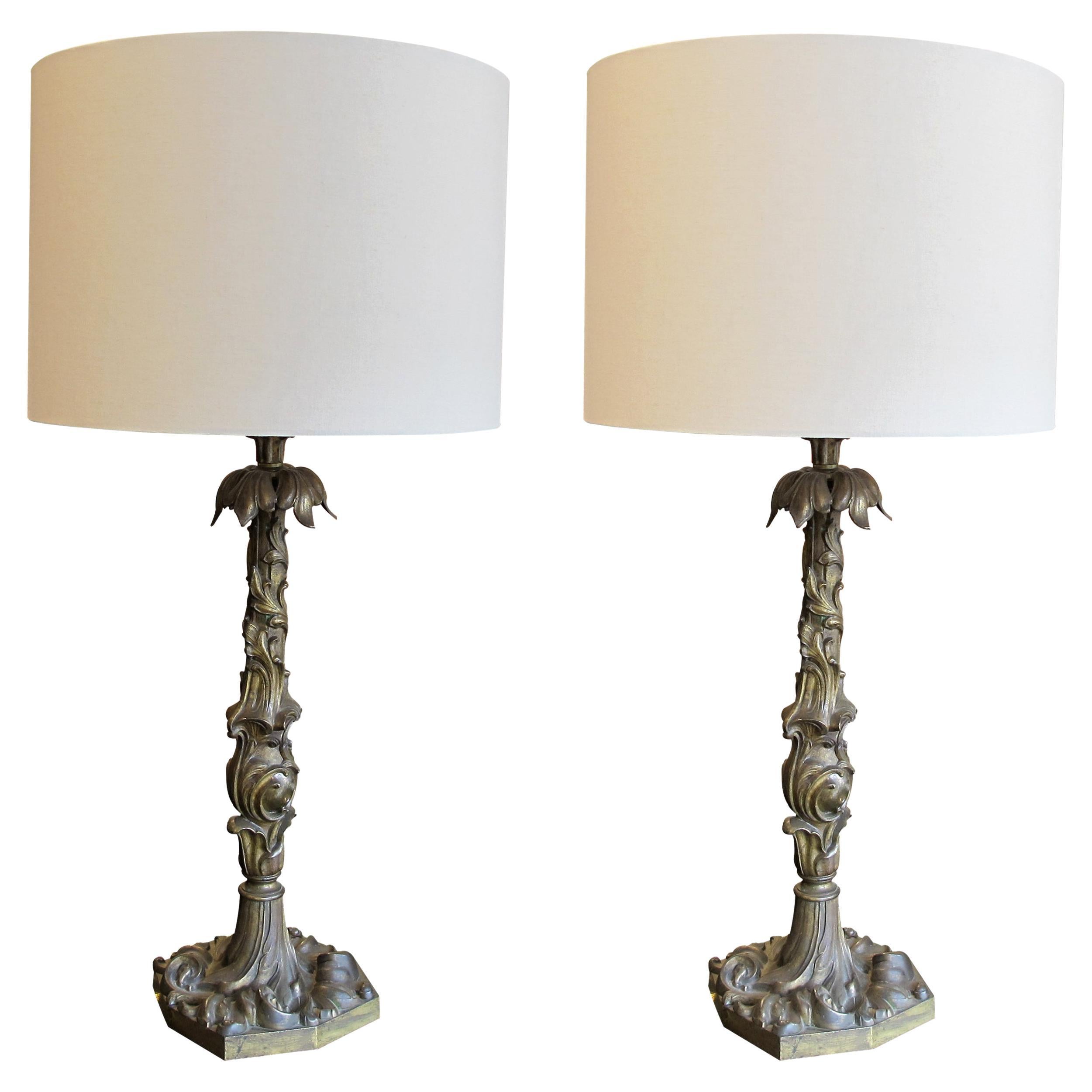 Pair of Art Pottery Lamps with Abstract Leaf Motif For Sale at 1stDibs