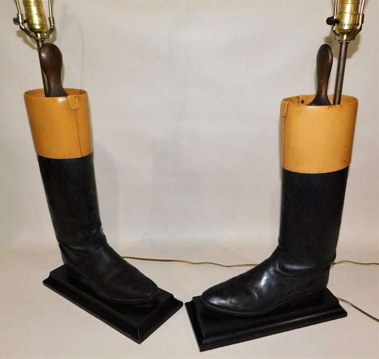 Pair of Early 1900s Leather Equestrian Riding Boot Table Lamps at 1stDibs